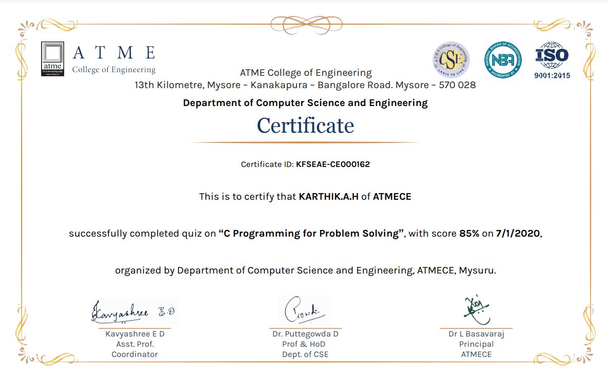 KARTHIK A H on LinkedIn: Participated online quiz on “C Programming for ... KARTHIK A H on LinkedIn: Participated online quiz on “C Programming for ...
