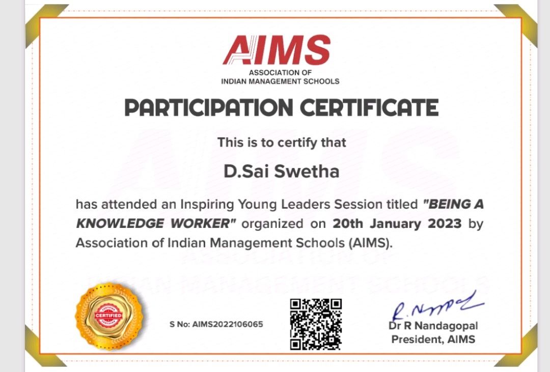 Swetha Devisetty on LinkedIn: //AIMS PARTICIPATION CERTIFICATE Swetha Devisetty on LinkedIn: //AIMS PARTICIPATION CERTIFICATE