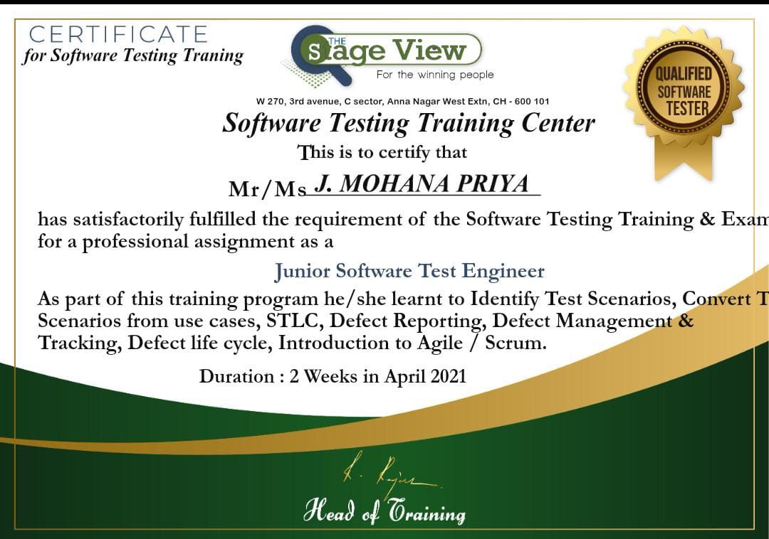 Mohana priya J on LinkedIn: #juniorsoftwaretestengineer Mohana priya J on LinkedIn: #juniorsoftwaretestengineer