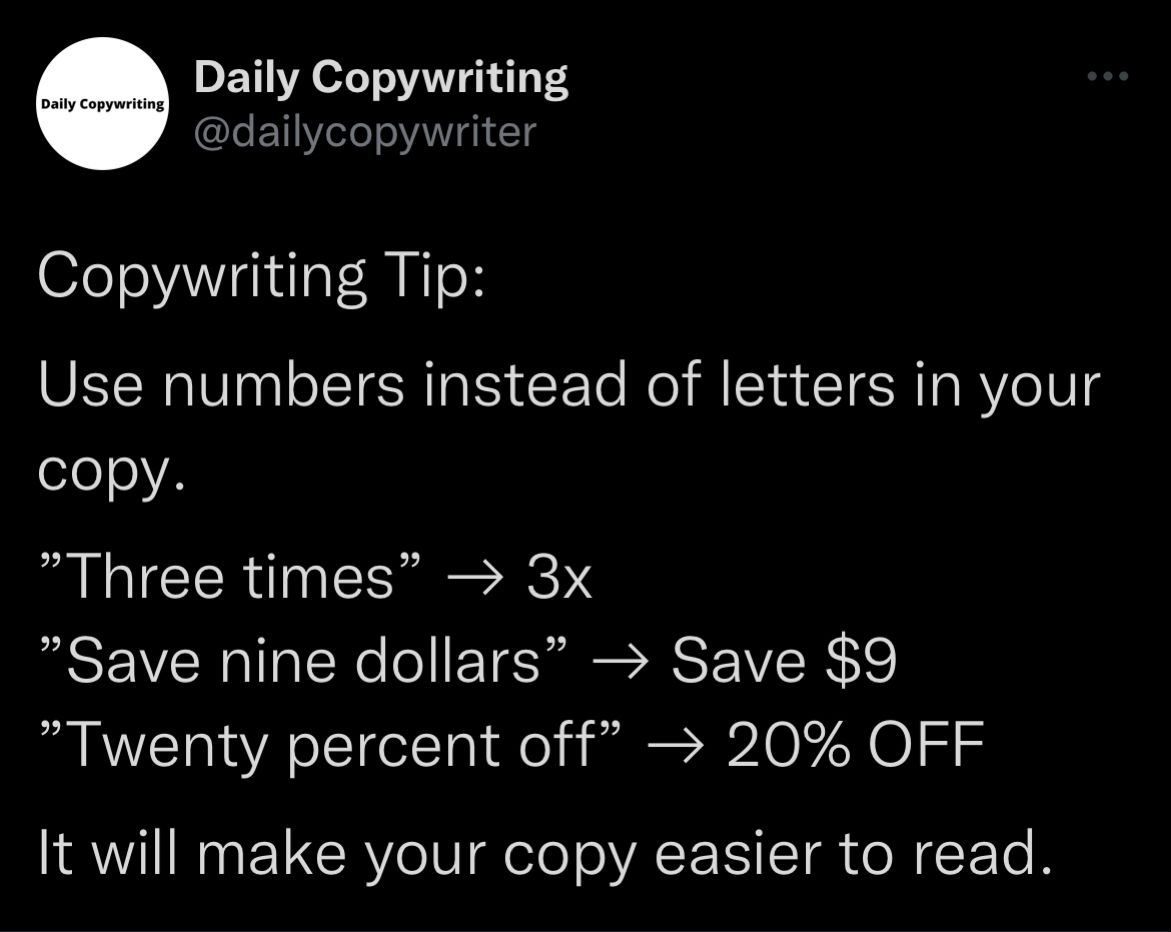 Daily Copywriting on LinkedIn: Copywriting Tip: Use numbers instead of ... Daily Copywriting on LinkedIn: Copywriting Tip: Use numbers instead of ...