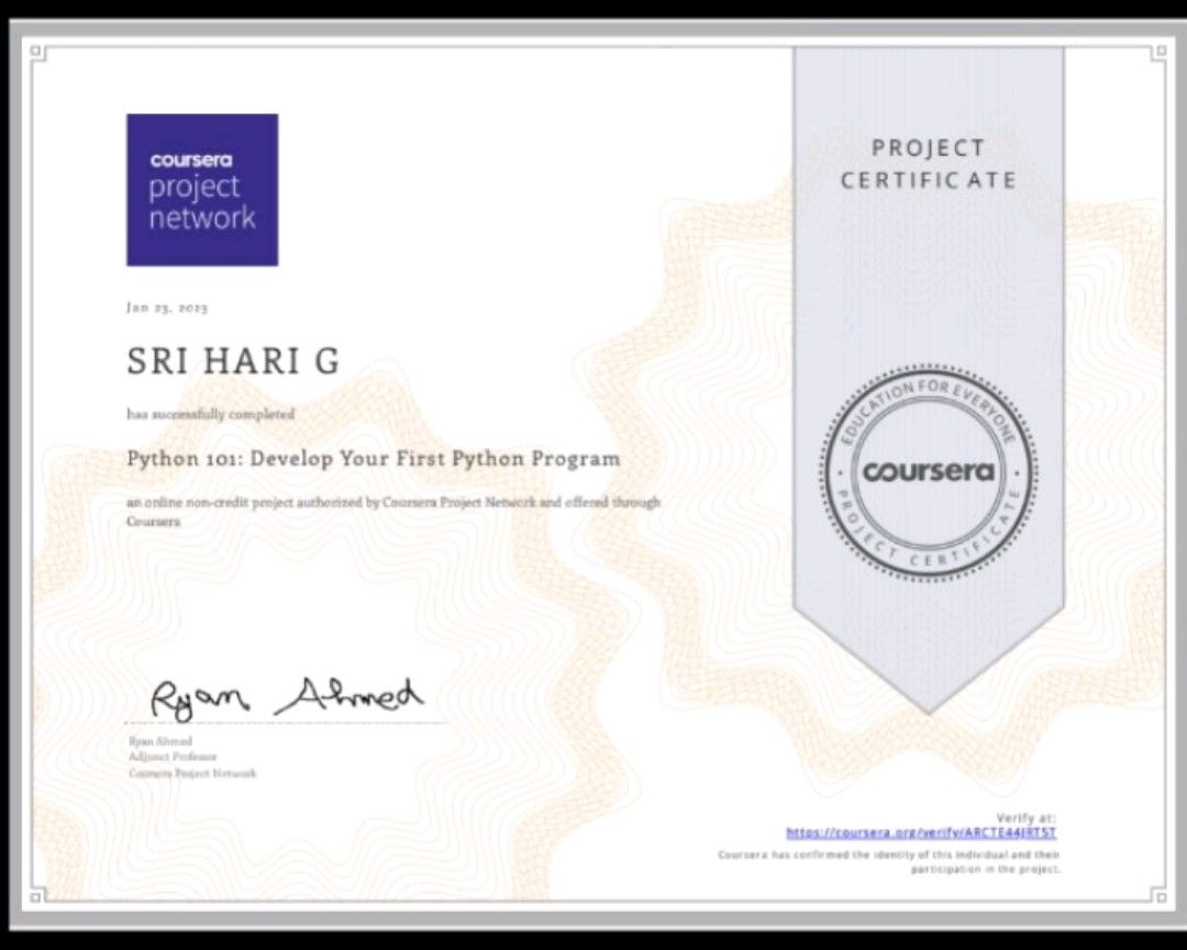 Sri hari G on LinkedIn: #coursera #pythonprogramming #python Sri hari G on LinkedIn: #coursera #pythonprogramming #python