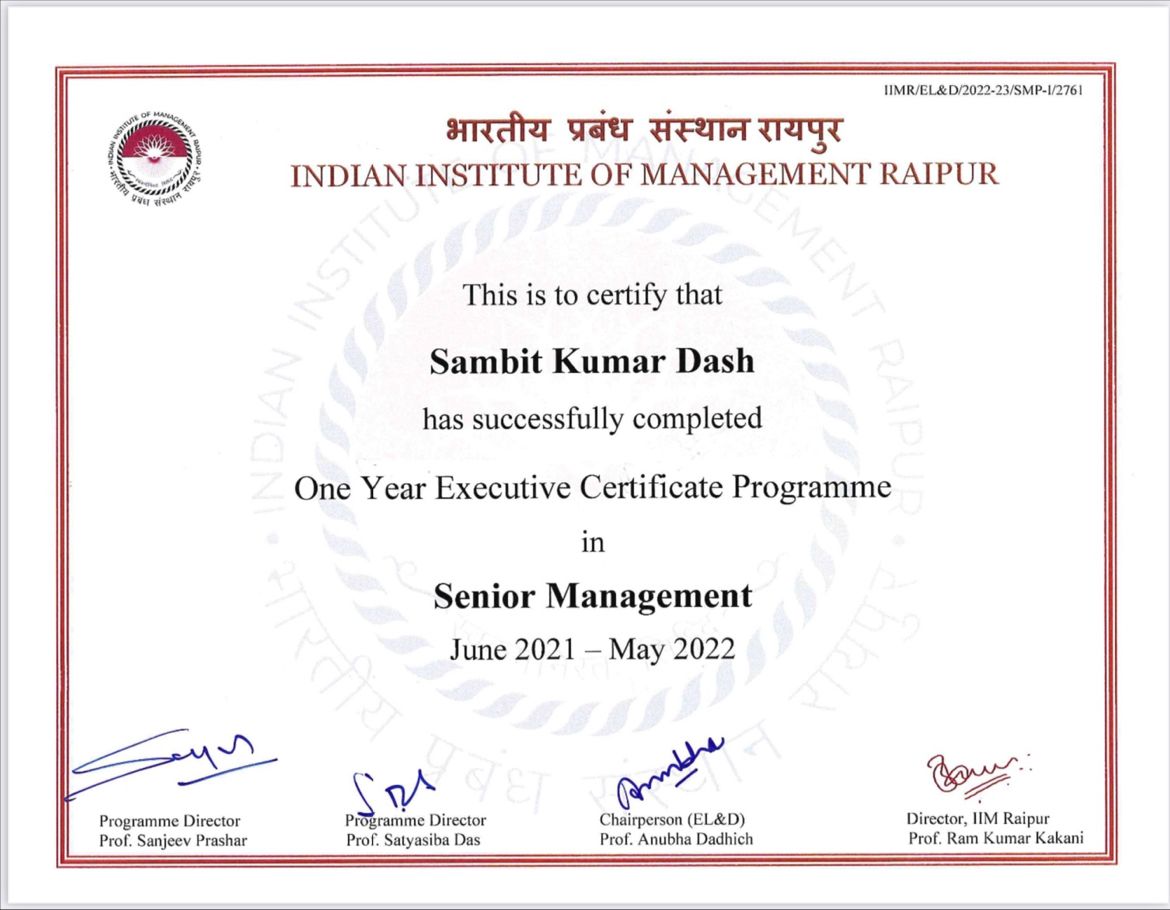 sambit kumar dash on LinkedIn: Completed SMP from IIM Raipur sambit kumar dash on LinkedIn: Completed SMP from IIM Raipur