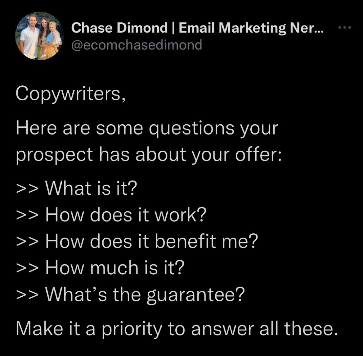 Chase Dimond on LinkedIn: Copywriters, Here are some questions your ... Chase Dimond on LinkedIn: Copywriters, Here are some questions your ...