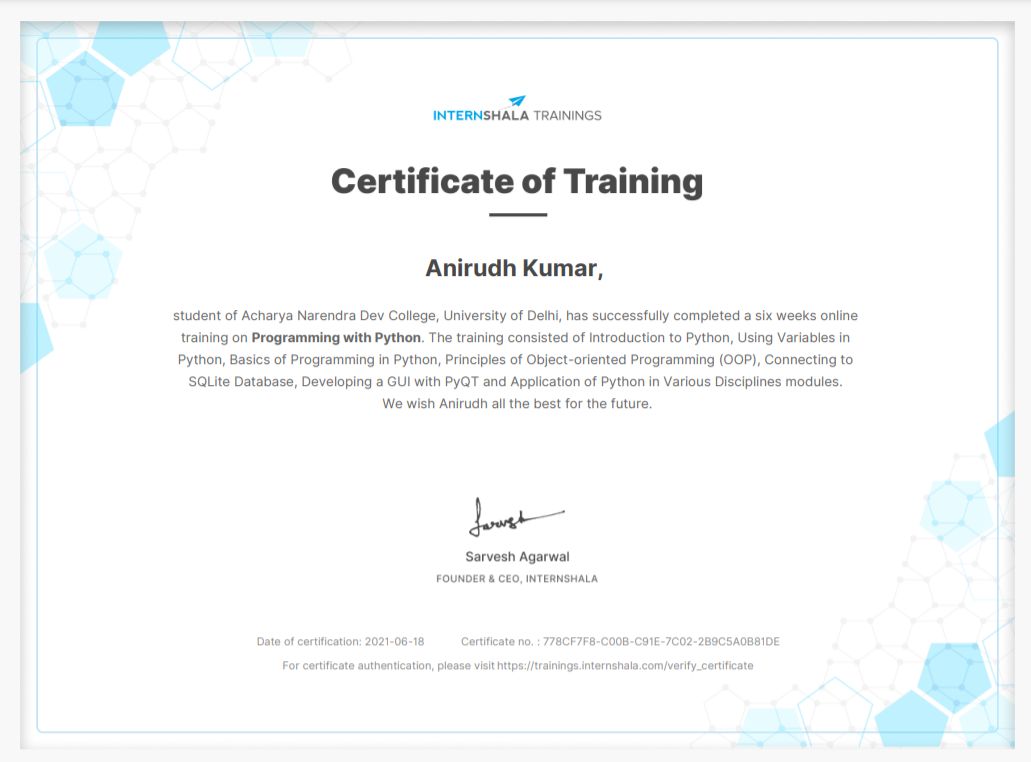 Anirudh Kumar on LinkedIn: #training #python #programming #internshala ... Anirudh Kumar on LinkedIn: #training #python #programming #internshala ...