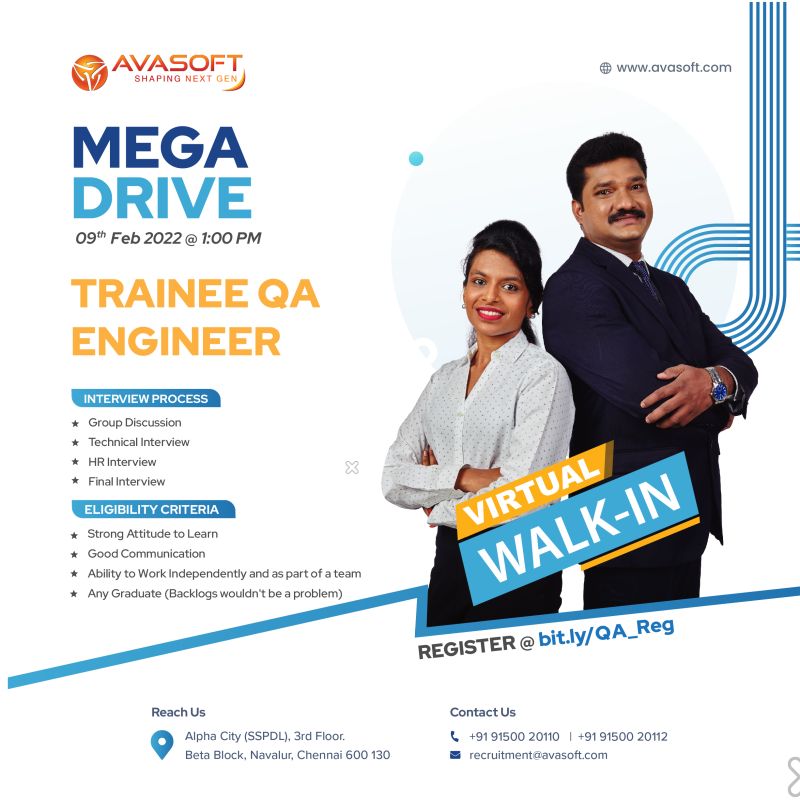AVASOFT on LinkedIn: #megadrive #walkin #qa #traineeqa #qaengineer # ... AVASOFT on LinkedIn: #megadrive #walkin #qa #traineeqa #qaengineer # ...