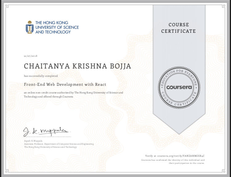 Chaitanya Krishna Bojja on LinkedIn: React Certificate Chaitanya Krishna Bojja on LinkedIn: React Certificate