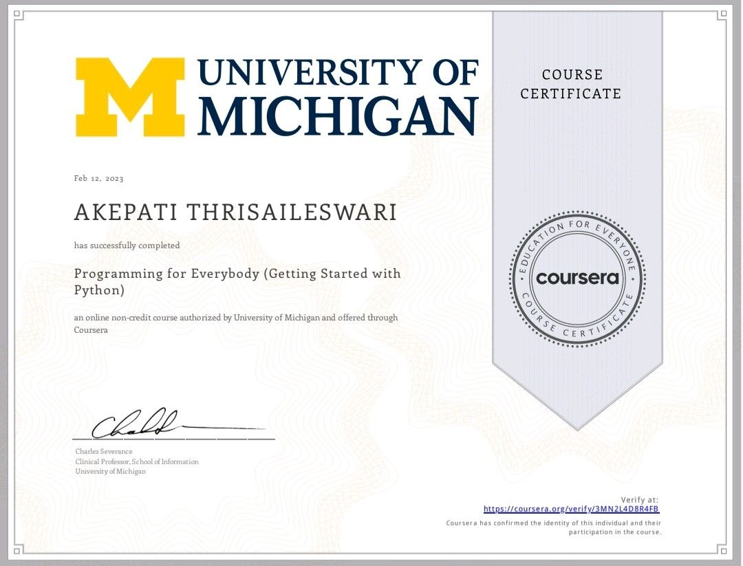 Akepati Thrisaileswari on LinkedIn: #coursera #learning #python Akepati Thrisaileswari on LinkedIn: #coursera #learning #python