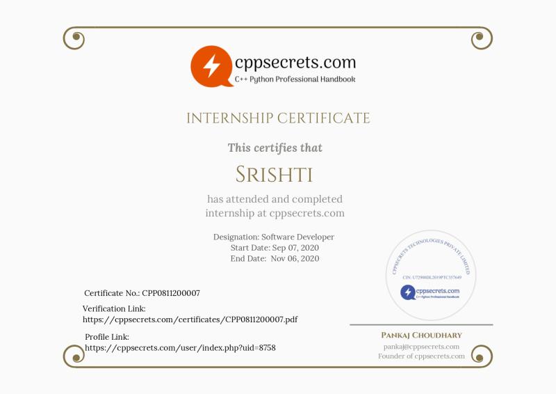 Srishti . on LinkedIn: #python #internship #cppsecrets Srishti . on LinkedIn: #python #internship #cppsecrets