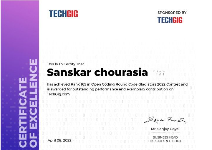 Sanskar Chourasia on LinkedIn: #codegladiators2022 #coding # ... Sanskar Chourasia on LinkedIn: #codegladiators2022 #coding # ...