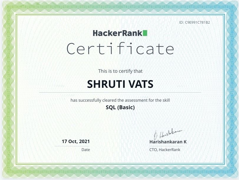Shruti Vats on LinkedIn: #sql #sqldeveloper #hackerrank #certificate # ... Shruti Vats on LinkedIn: #sql #sqldeveloper #hackerrank #certificate # ...