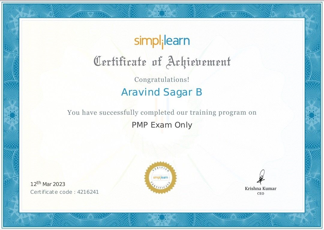 Aravind Sagar on LinkedIn: PMP certificate training -1st Milestone Achieved Aravind Sagar on LinkedIn: PMP certificate training -1st Milestone Achieved