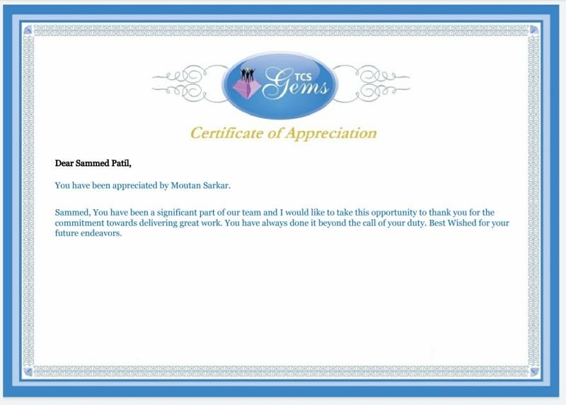 Sammed Patil on LinkedIn: #tcs #certificateofappreciation #thankyou Sammed Patil on LinkedIn: #tcs #certificateofappreciation #thankyou