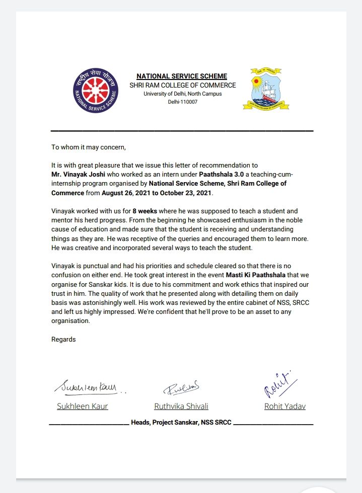 VINAYAK JOSHI on LinkedIn: 2021,Teaching internship with NSS Shri Ram ... VINAYAK JOSHI on LinkedIn: 2021,Teaching internship with NSS Shri Ram ...