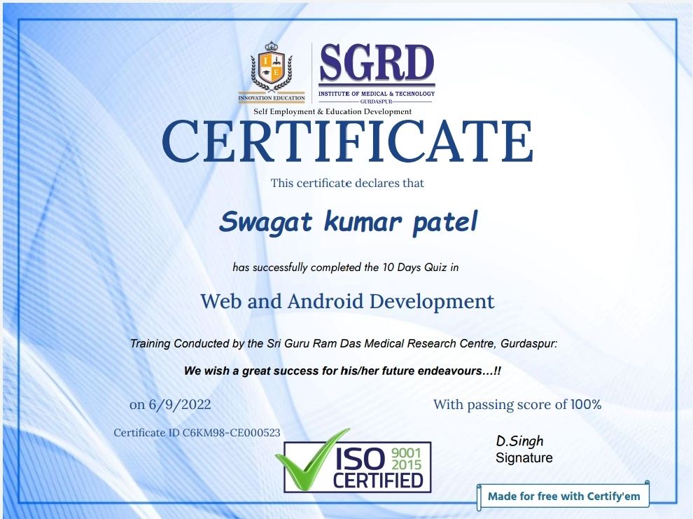 Swagat Kumar Patel on LinkedIn: completion certificate of Android and ... Swagat Kumar Patel on LinkedIn: completion certificate of Android and ...