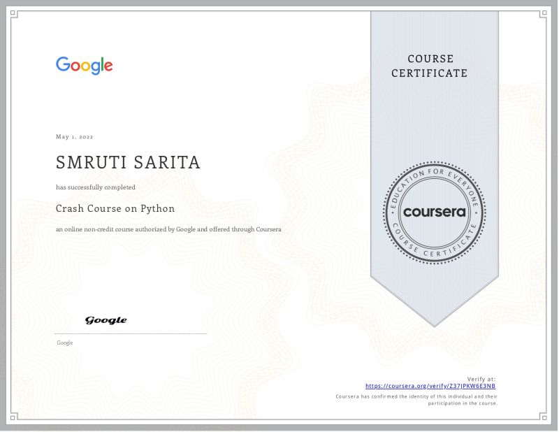 SMRUTI SARITA on LinkedIn: #coursera #python #googlecertification | 11 ... SMRUTI SARITA on LinkedIn: #coursera #python #googlecertification | 11 ...