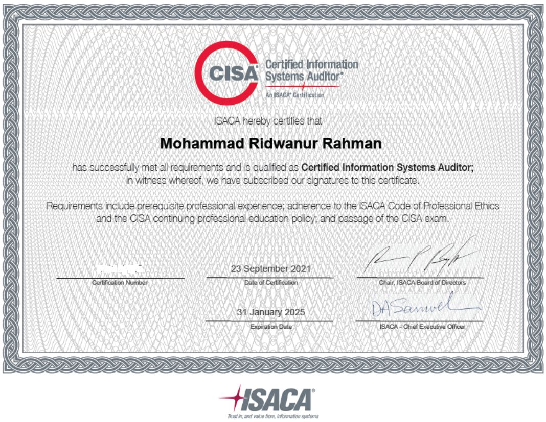 Mohammad Ridwanur Rahman on LinkedIn: #cisa Mohammad Ridwanur Rahman on LinkedIn: #cisa