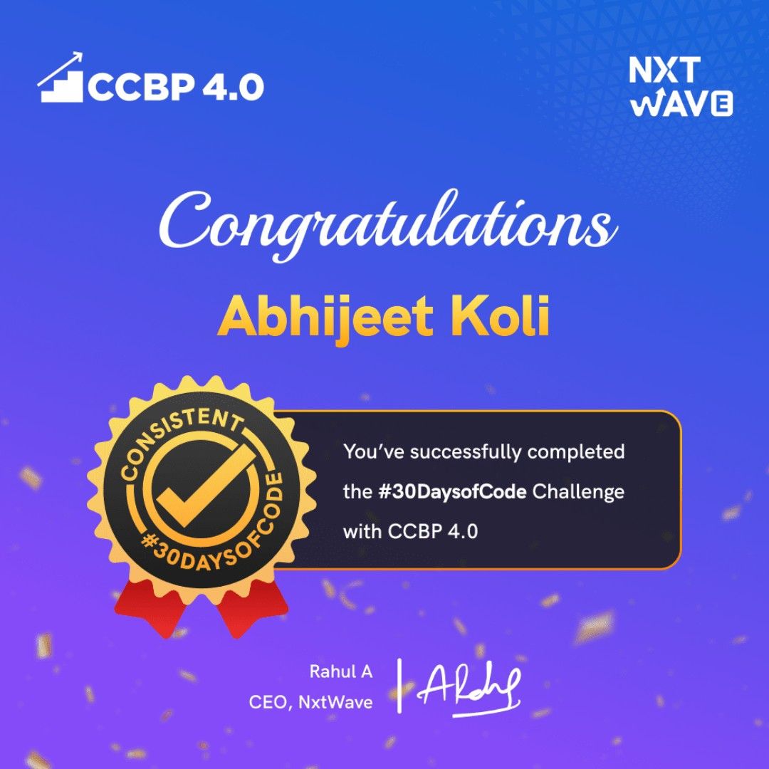Abhijeet Koli on LinkedIn: #30daysofcodechallenge #ccbp #nxtwave # ... Abhijeet Koli on LinkedIn: #30daysofcodechallenge #ccbp #nxtwave # ...