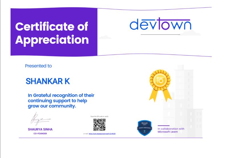 Shankar K on LinkedIn: #microsoft #devtown #certificate Shankar K on LinkedIn: #microsoft #devtown #certificate