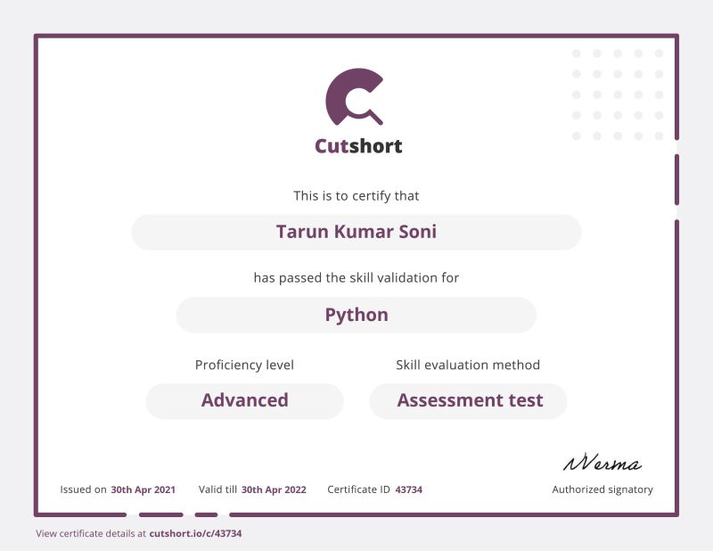 Tarun Kumar Soni on LinkedIn: #certification #python Tarun Kumar Soni on LinkedIn: #certification #python