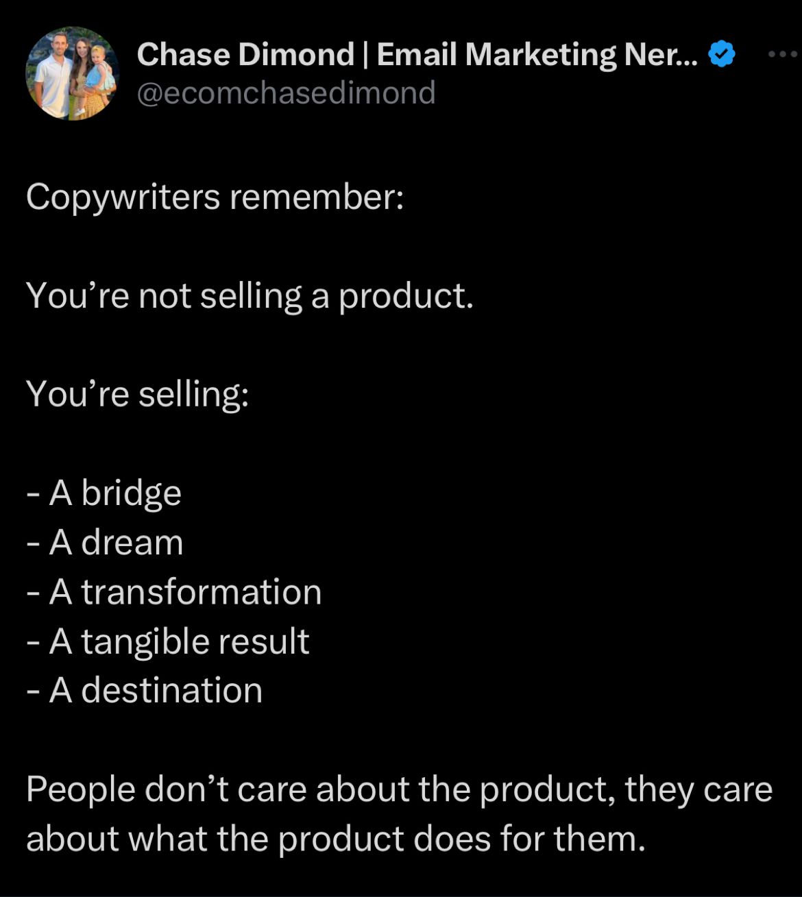 Chase Dimond on LinkedIn: Copywriters remember: You’re not selling a ... Chase Dimond on LinkedIn: Copywriters remember: You’re not selling a ...