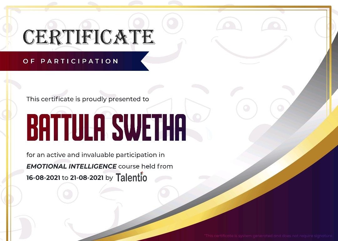 Swetha Battula on LinkedIn: participation certificate in emotional ... Swetha Battula on LinkedIn: participation certificate in emotional ...