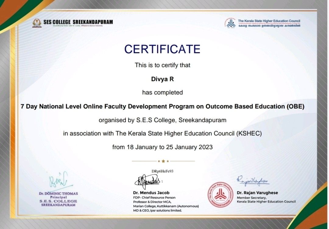 Divya R on LinkedIn: Successfully completed FDP on OBE by SES College ... Divya R on LinkedIn: Successfully completed FDP on OBE by SES College ...
