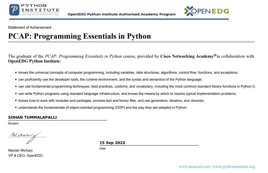 SOHAN TUMMALAPALLI on LinkedIn: #pcap #python #pythoninstitute SOHAN TUMMALAPALLI on LinkedIn: #pcap #python #pythoninstitute
