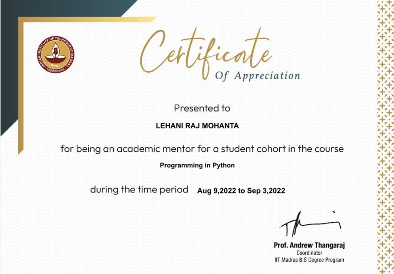 Lehani Raj Mohanta on LinkedIn: #iitmadras #python #experience Lehani Raj Mohanta on LinkedIn: #iitmadras #python #experience