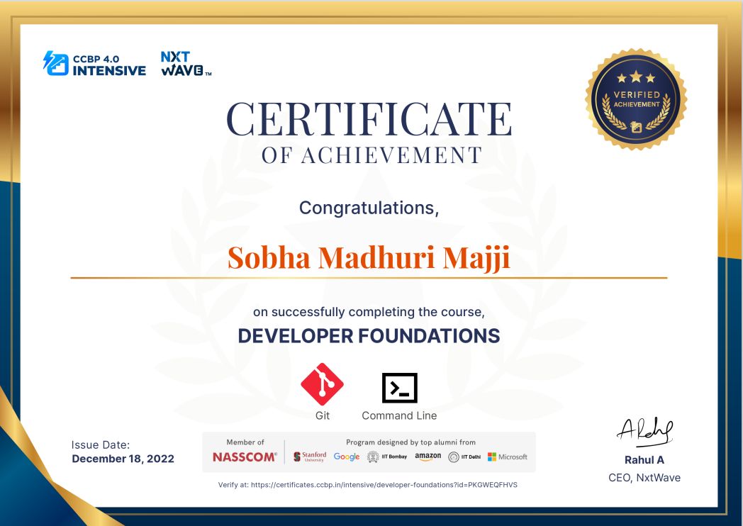 Sobha Madhuri Majji on LinkedIn: #ccbp #nxtwave #fullstackdeveloper # ... Sobha Madhuri Majji on LinkedIn: #ccbp #nxtwave #fullstackdeveloper # ...
