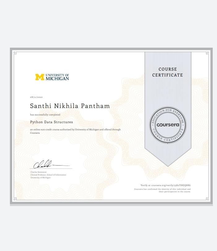 SanthiNikhila Pantham on LinkedIn: #python #datastructures #coursera SanthiNikhila Pantham on LinkedIn: #python #datastructures #coursera