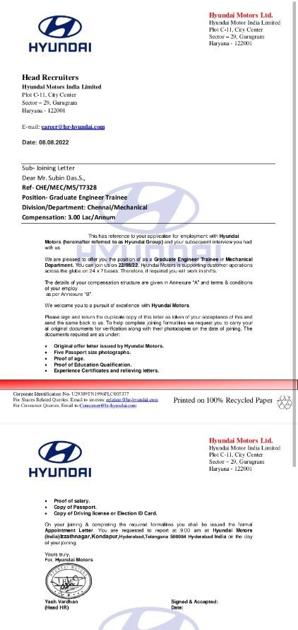 Subin Das on LinkedIn: Hyundai Motor India Ltd. i got a joining letter ... Subin Das on LinkedIn: Hyundai Motor India Ltd. i got a joining letter ...