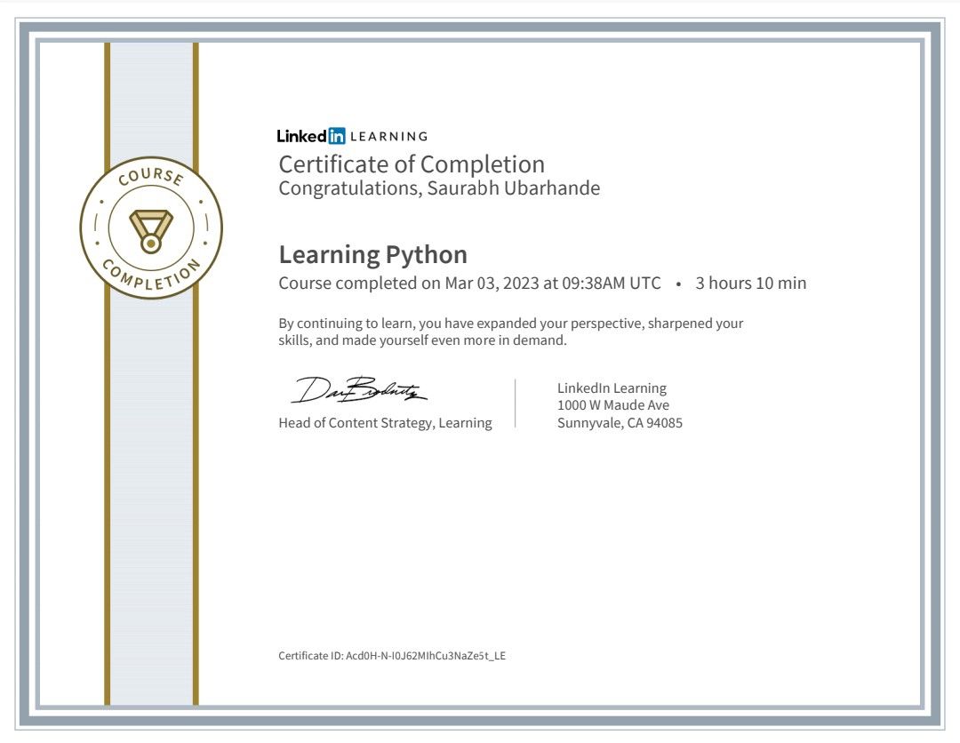 Saurabh Ubarhande on LinkedIn: #linkedinlearning #pythonlearning Saurabh Ubarhande on LinkedIn: #linkedinlearning #pythonlearning