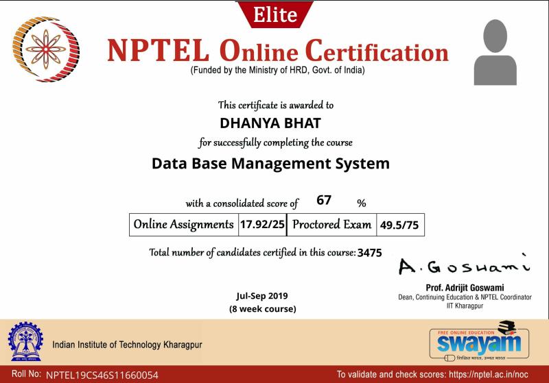 Dhanya Bhat on LinkedIn: #nptel #databasemanagementsystem Dhanya Bhat on LinkedIn: #nptel #databasemanagementsystem