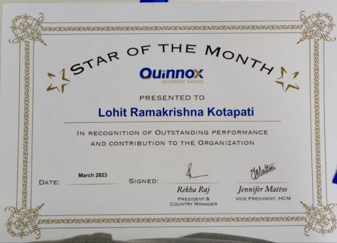 Lohit Kotapati on LinkedIn: Happy to receive star Performer of the ... Lohit Kotapati on LinkedIn: Happy to receive star Performer of the ...
