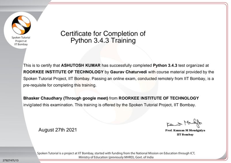 Ashutosh Kumar on LinkedIn: Python programming language certificate by ... Ashutosh Kumar on LinkedIn: Python programming language certificate by ...