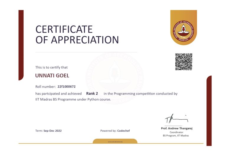 UNNATI GOEL on LinkedIn: #iitmadras #codechef UNNATI GOEL on LinkedIn: #iitmadras #codechef