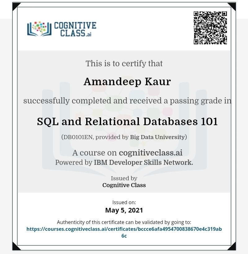 Amandeep Kaur on LinkedIn: #connections #sql #cognitiveclass #ibm #database Amandeep Kaur on LinkedIn: #connections #sql #cognitiveclass #ibm #database