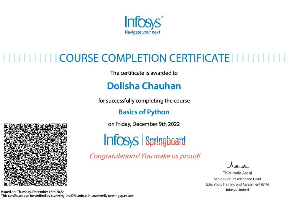 Dolisha Chauhan on LinkedIn: #infosysspringboard #python #pythondevelopment Dolisha Chauhan on LinkedIn: #infosysspringboard #python #pythondevelopment