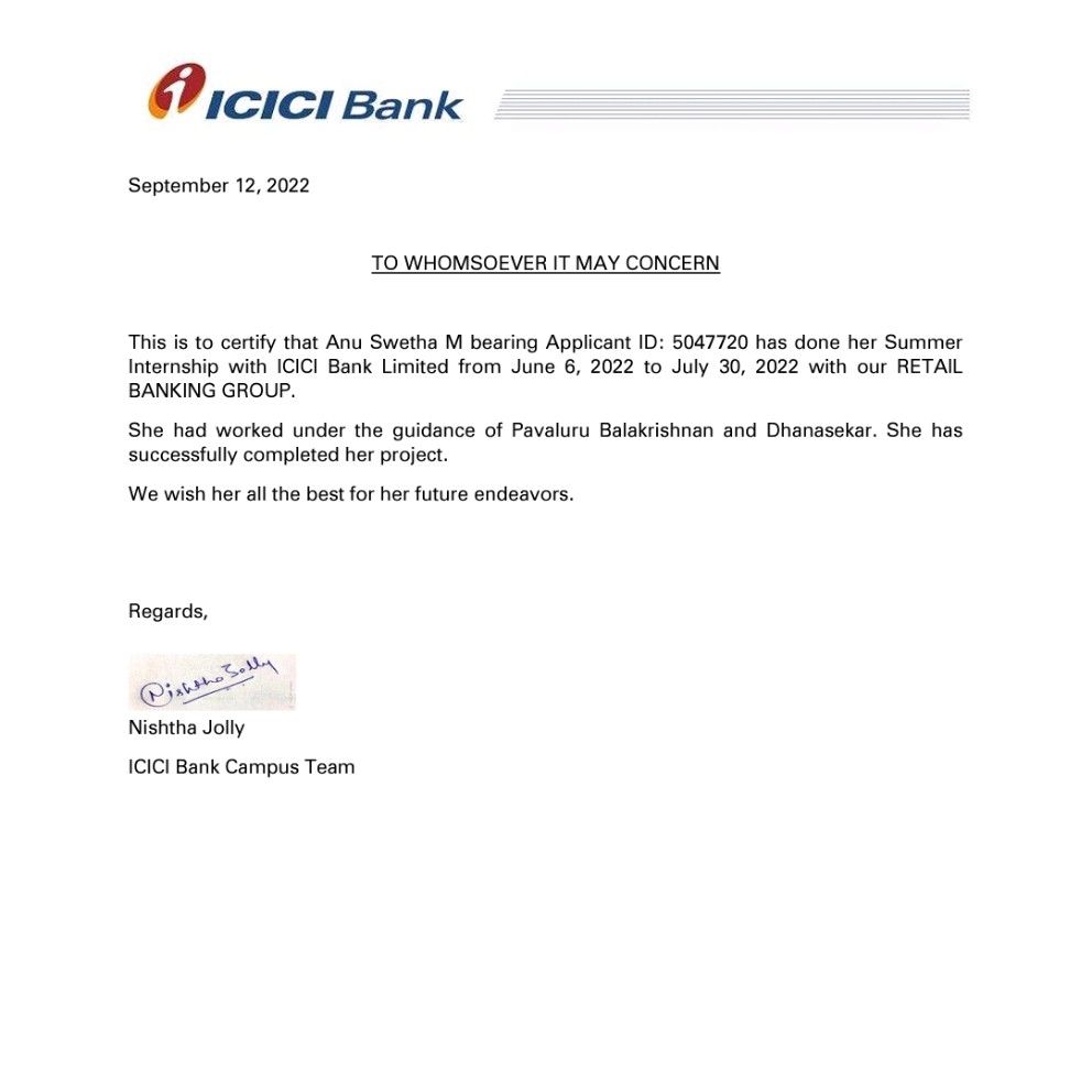 ANU SWETHA M on LinkedIn: #icici #icicibank #summerinternship #psg #intern ANU SWETHA M on LinkedIn: #icici #icicibank #summerinternship #psg #intern