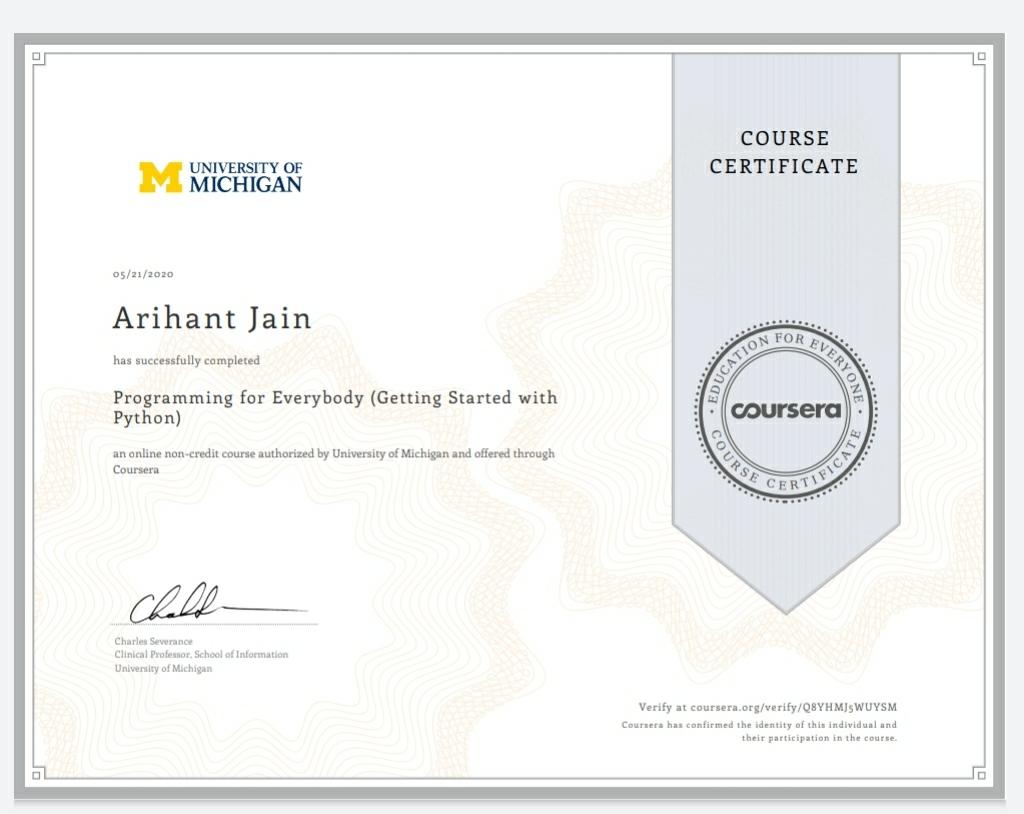 Arihant Jain on LinkedIn: #coursera #py4e #python_progamming Arihant Jain on LinkedIn: #coursera #py4e #python_progamming