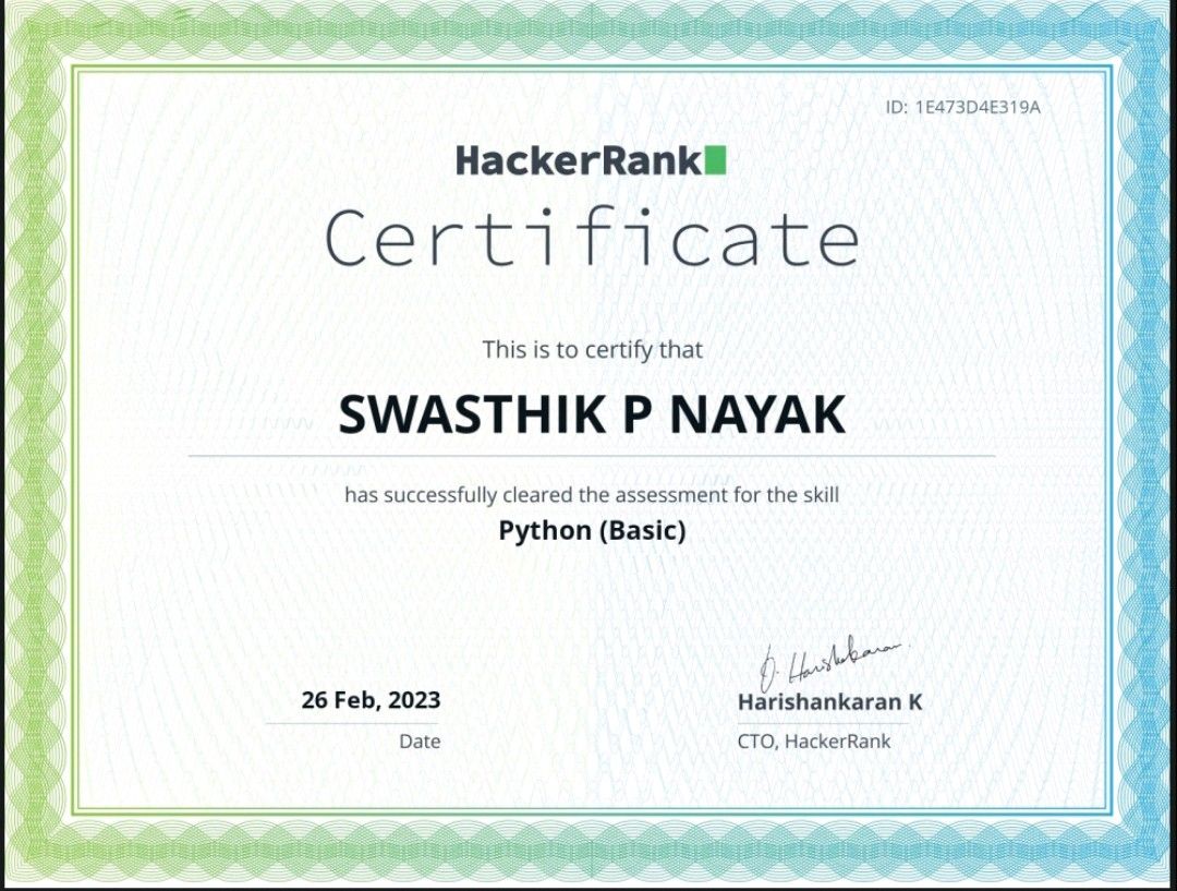 Swasthik P Nayak on LinkedIn: #python #hackerrank #certificate # ... Swasthik P Nayak on LinkedIn: #python #hackerrank #certificate # ...