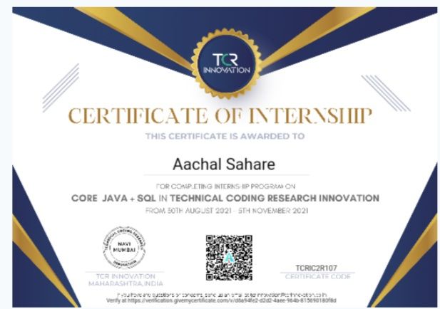 Aachal Sahare on LinkedIn: #java #mysql #intership #tcrinnovation Aachal Sahare on LinkedIn: #java #mysql #intership #tcrinnovation