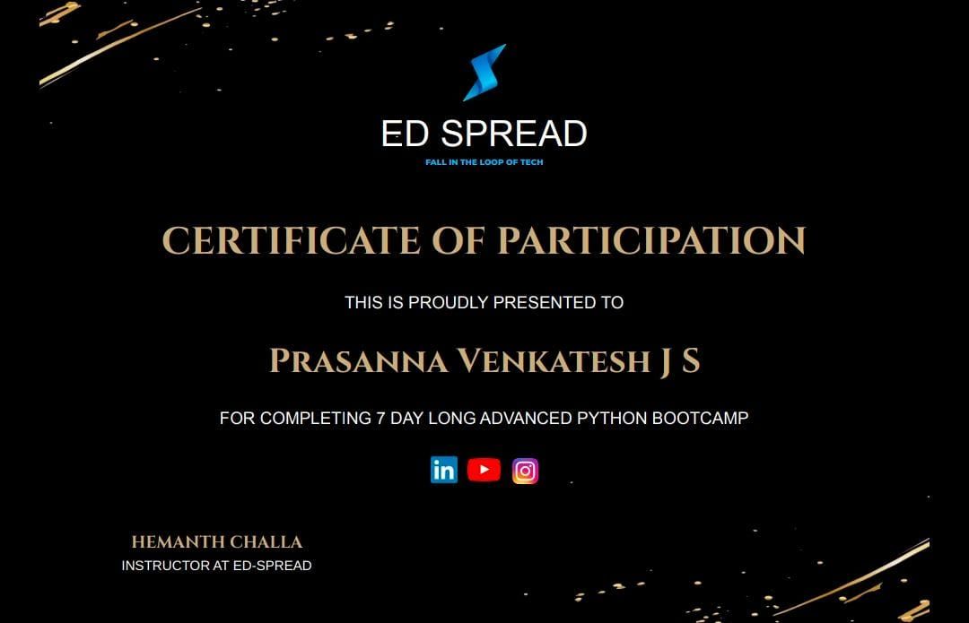 Prasanna Venkatesh J S on LinkedIn: #python #bootcamp Prasanna Venkatesh J S on LinkedIn: #python #bootcamp