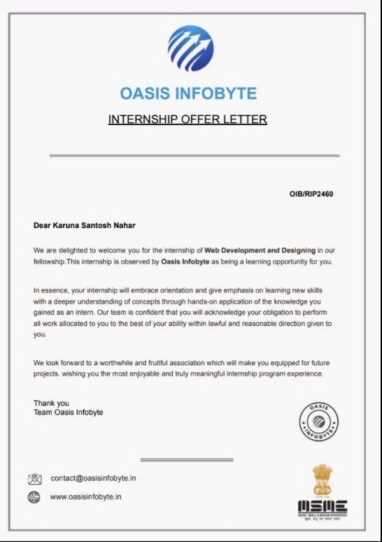 Karuna Nahar on LinkedIn: #oasisinfobyte #internship #webdevelopment # ... Karuna Nahar on LinkedIn: #oasisinfobyte #internship #webdevelopment # ...