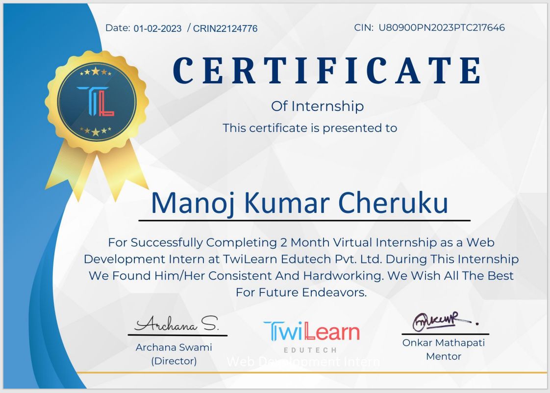 Manoj Kumar Cheruku on LinkedIn: Successfully Completed Internship at ... Manoj Kumar Cheruku on LinkedIn: Successfully Completed Internship at ...