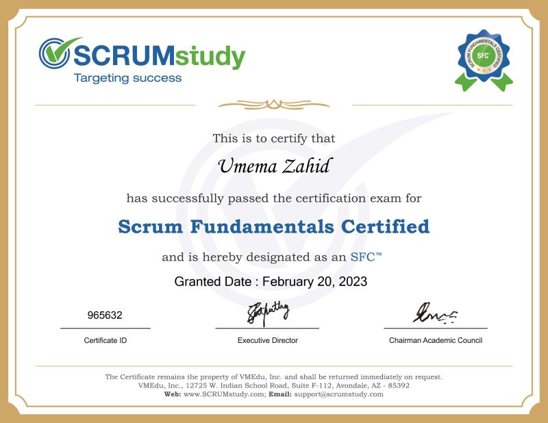 Umema Zahid on LinkedIn: I've achieved the certification of Scrum ... Umema Zahid on LinkedIn: I've achieved the certification of Scrum ...