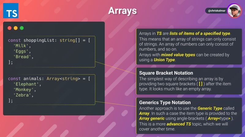 Chris Kalmar on LinkedIn: 🔴 TypeScript: Arrays 🟣 Arrays, lists, and ... Chris Kalmar on LinkedIn: 🔴 TypeScript: Arrays 🟣 Arrays, lists, and ...