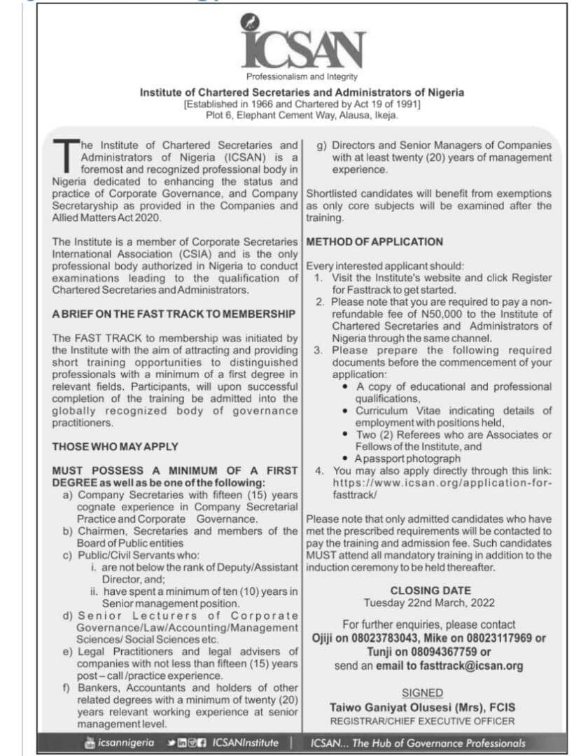 Institute of Chartered Secretaries and Administrators of Nigeria (ICSAN ... Institute of Chartered Secretaries and Administrators of Nigeria (ICSAN ...