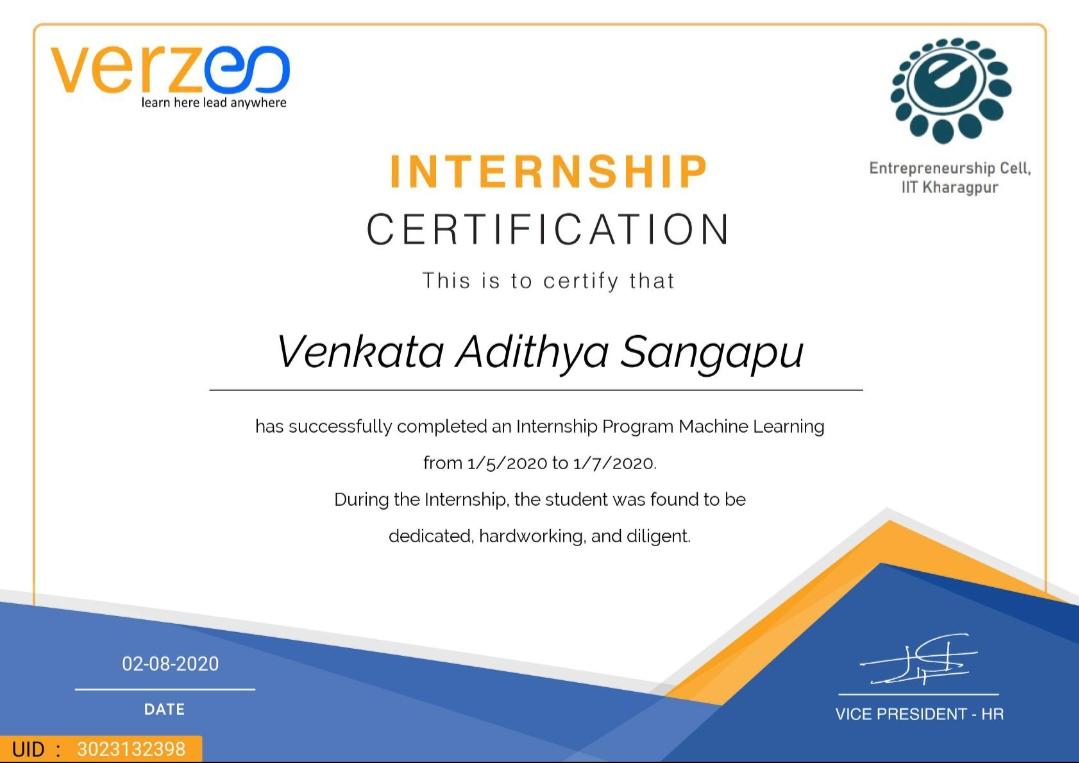 sangapu venkata adithya on LinkedIn: Virtual internship from Verzeo ... sangapu venkata adithya on LinkedIn: Virtual internship from Verzeo ...
