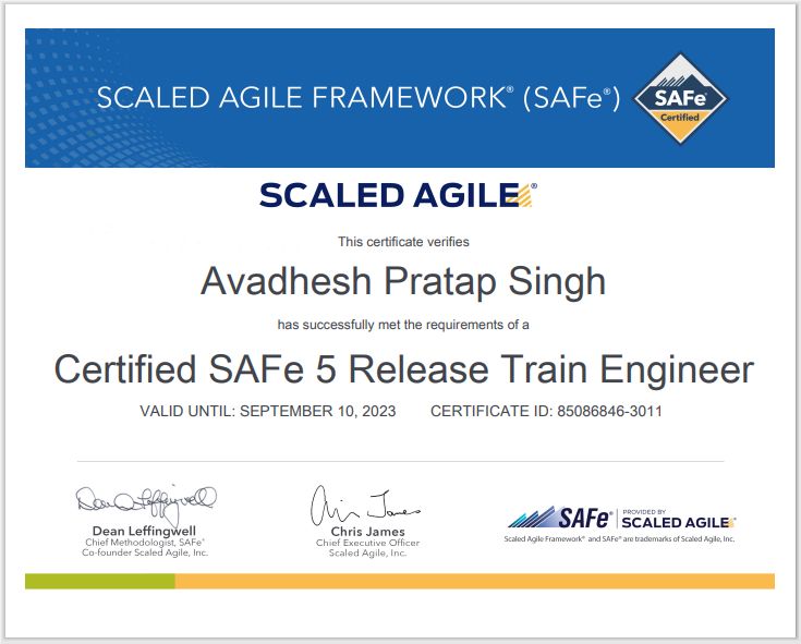 Avadhesh Pratap Singh on LinkedIn: Completed SAFe RTE Certification!!! Avadhesh Pratap Singh on LinkedIn: Completed SAFe RTE Certification!!!